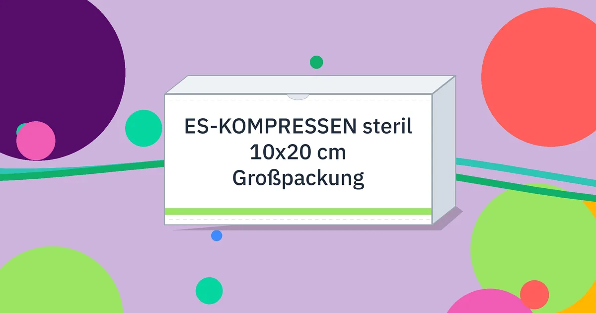 Symbolbild: Packung mit der Aufschrift ES-KOMPRESSEN steril 10x20 cm Großpackung (PZN 14306866) – Verfügbarkeit und Bezug in Apotheken in Frankfurt am Main
