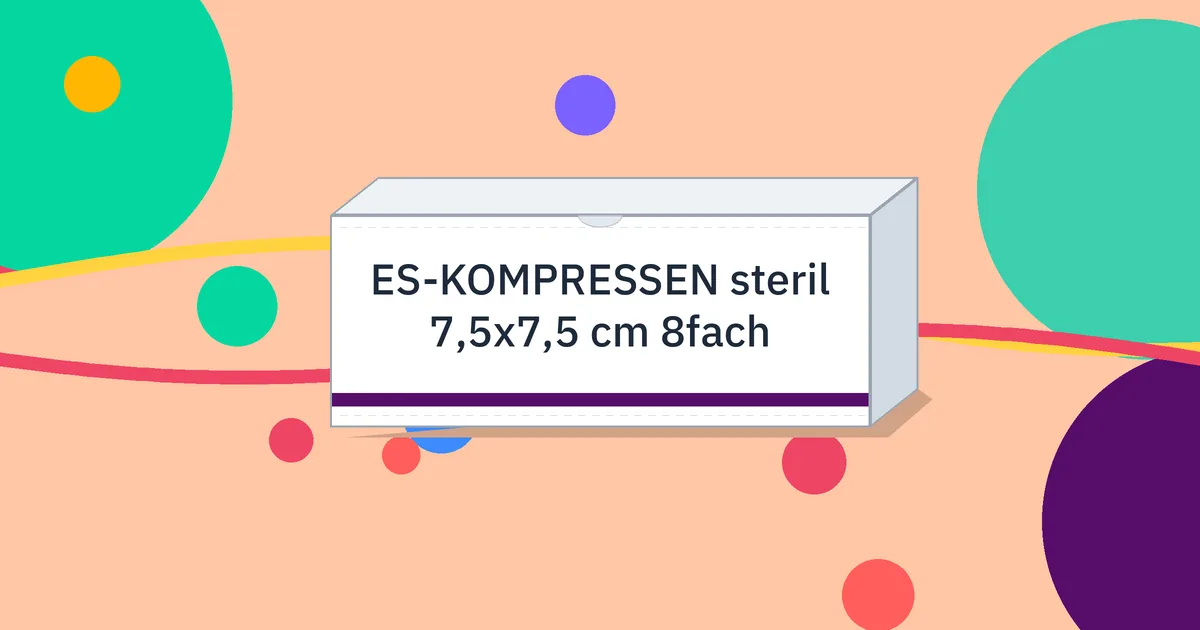 Symbolbild: Packung mit der Aufschrift ES-KOMPRESSEN steril 7,5x7,5 cm 8fach (PZN 18672941) – Verfügbarkeit und Bezug in Apotheken in Frankfurt am Main