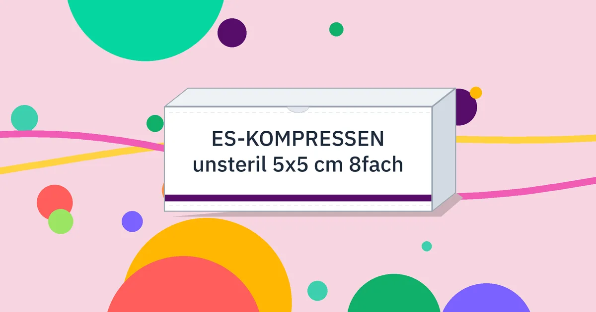 Symbolbild: Packung mit der Aufschrift ES-KOMPRESSEN unsteril 5x5 cm 8fach (PZN 19700421) – Verfügbarkeit und Bezug in Apotheken in Frankfurt am Main