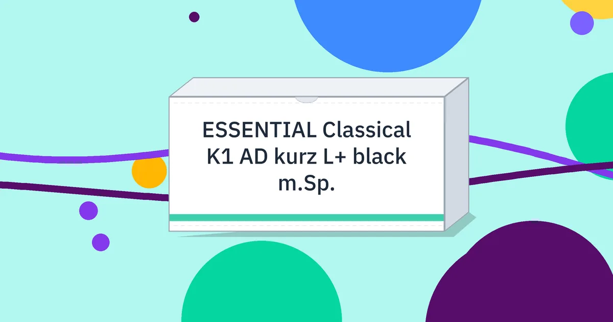 Symbolbild: Packung mit der Aufschrift ESSENTIAL Classical K1 AD kurz L+ black m.Sp. (PZN 17000151) – Verfügbarkeit und Bezug in Apotheken in Frankfurt am Main
