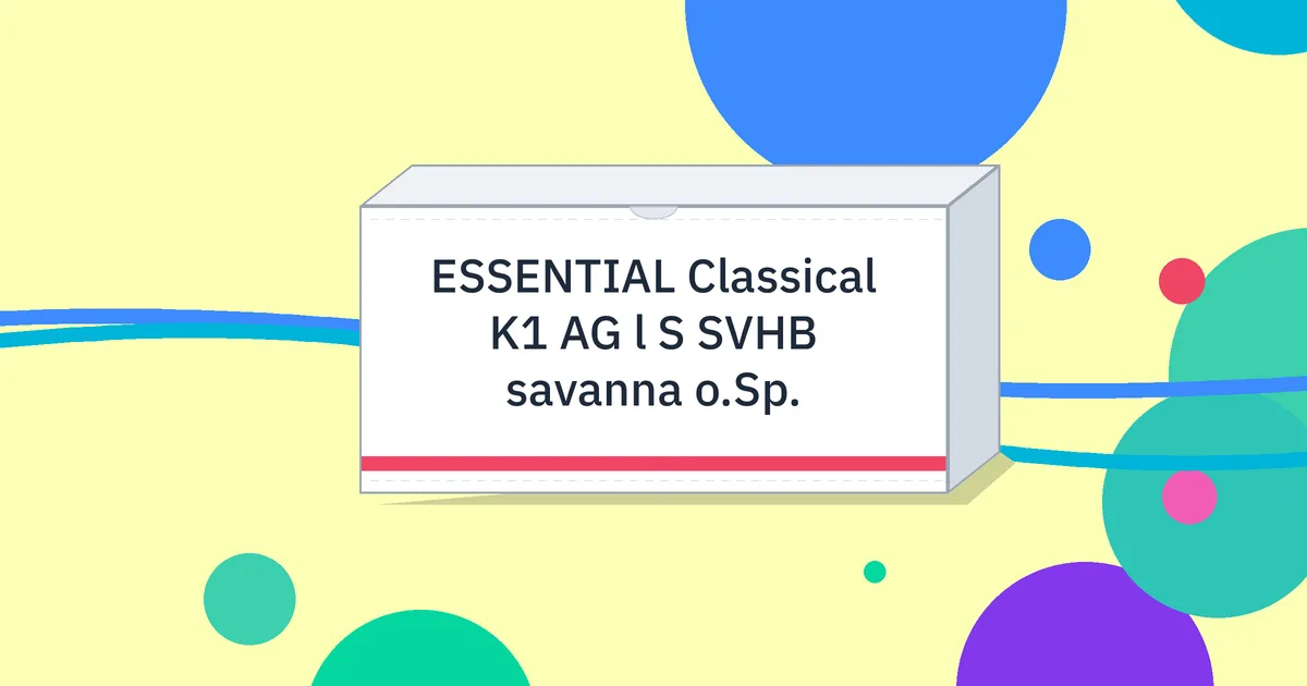 Symbolbild: Packung mit der Aufschrift ESSENTIAL Classical K1 AG l S SVHB savanna o.Sp. (PZN 18420352) – Verfügbarkeit und Bezug in Apotheken in Frankfurt am Main