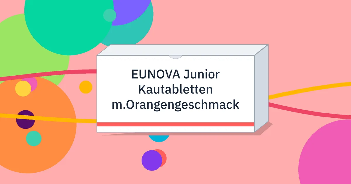 Symbolbild: Packung mit der Aufschrift EUNOVA Junior Kautabletten m.Orangengeschmack (PZN 17513407) – Verfügbarkeit und Bezug in Apotheken in Frankfurt am Main