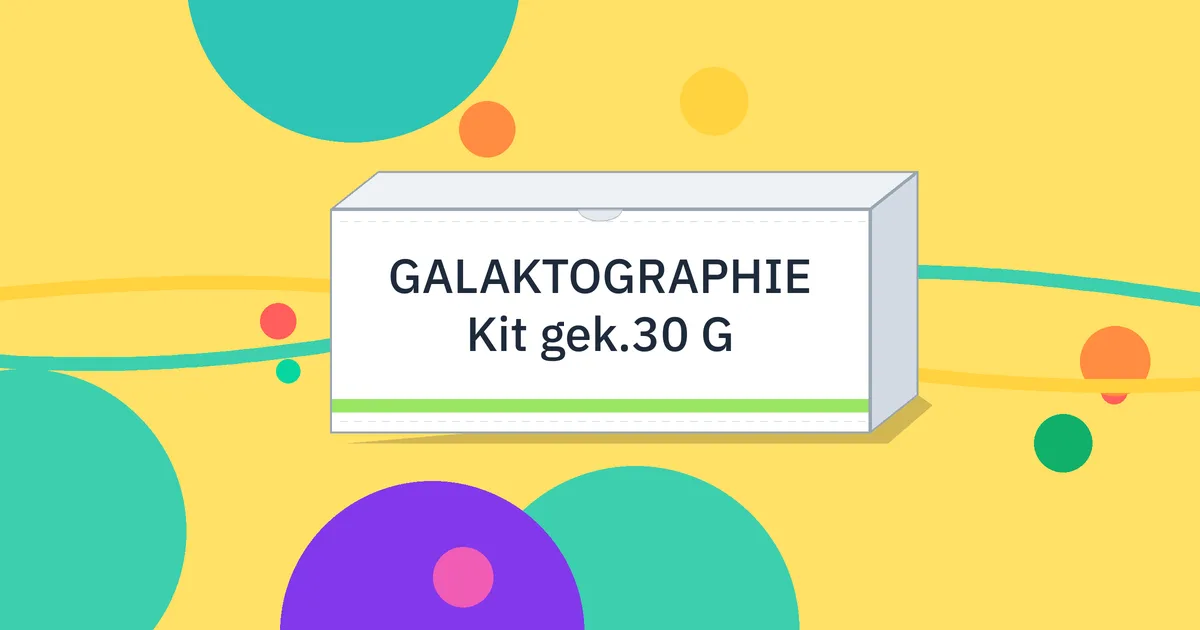 Symbolbild: Packung mit der Aufschrift GALAKTOGRAPHIE Kit gek.30 G (PZN 06124588) – Verfügbarkeit und Bezug in Apotheken in Frankfurt am Main