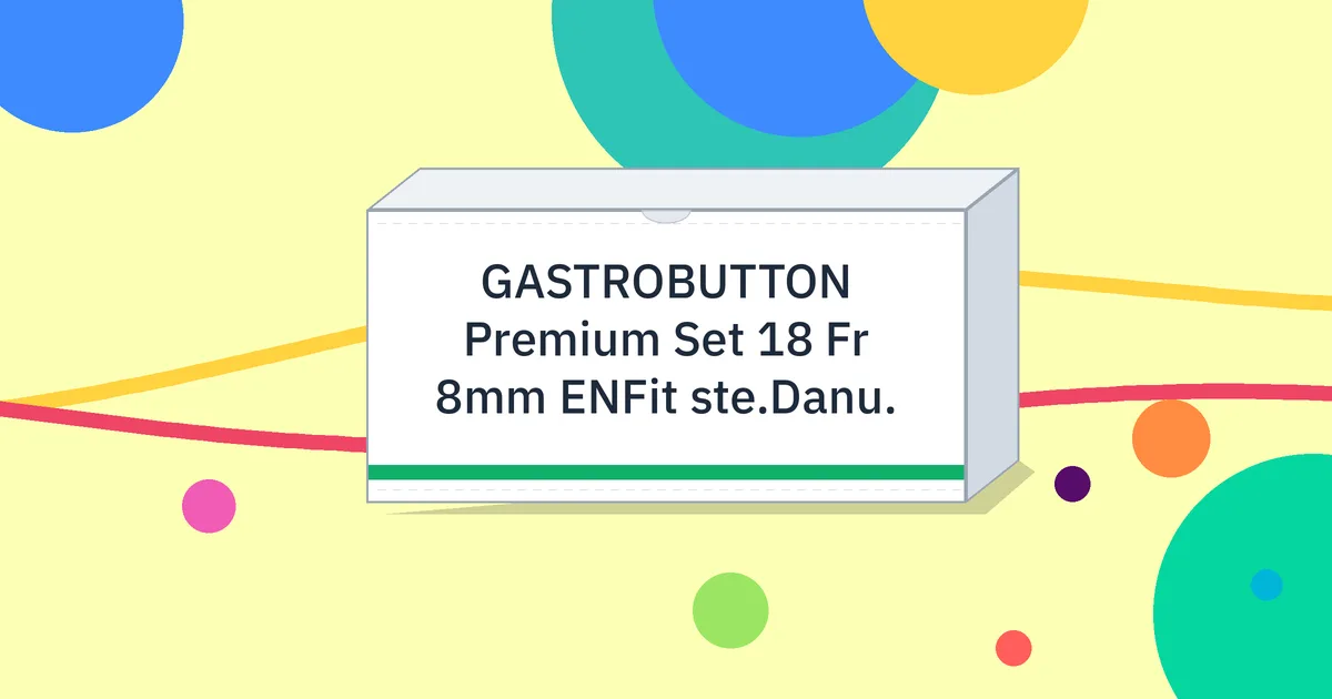 Symbolbild: Packung mit der Aufschrift GASTROBUTTON Premium Set 18 Fr 8mm ENFit ste.Danu. (PZN 16883728) – Verfügbarkeit und Bezug in Apotheken in Frankfurt am Main