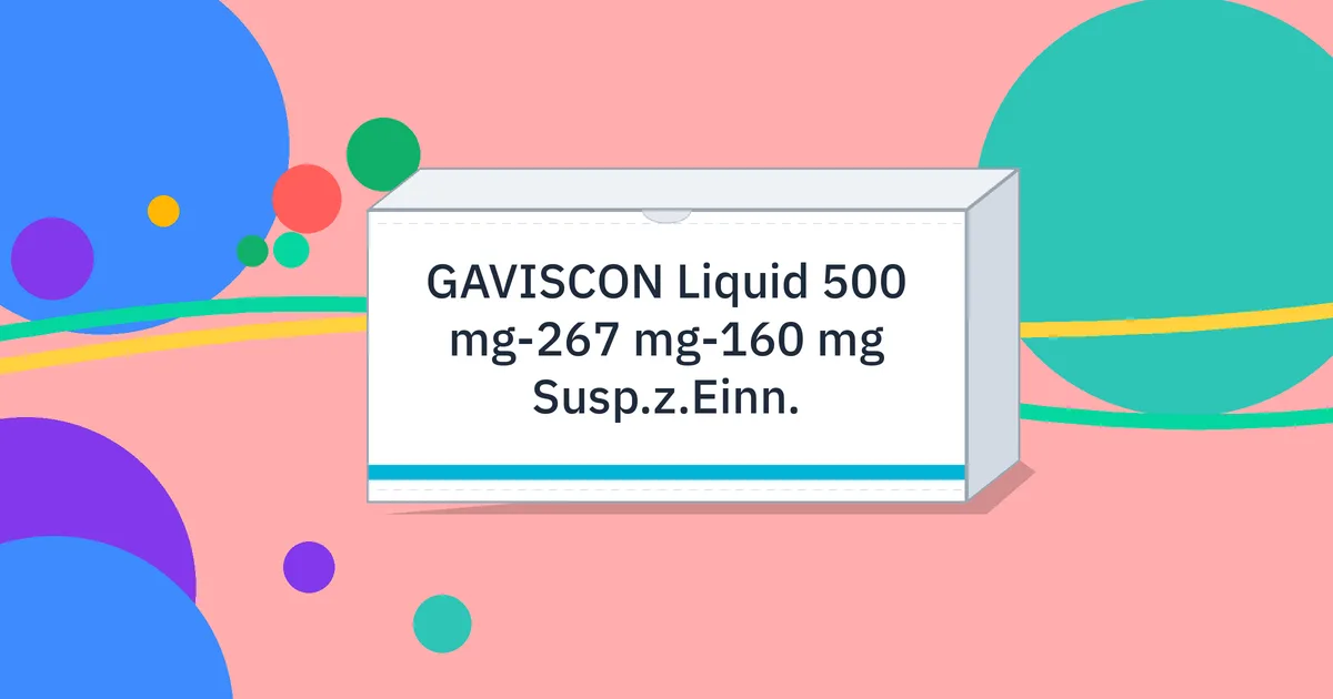Symbolbild: Packung mit der Aufschrift GAVISCON Liquid 500 mg-267 mg-160 mg Susp.z.Einn. (PZN 10982961) – Verfügbarkeit und Bezug in Apotheken in Frankfurt am Main