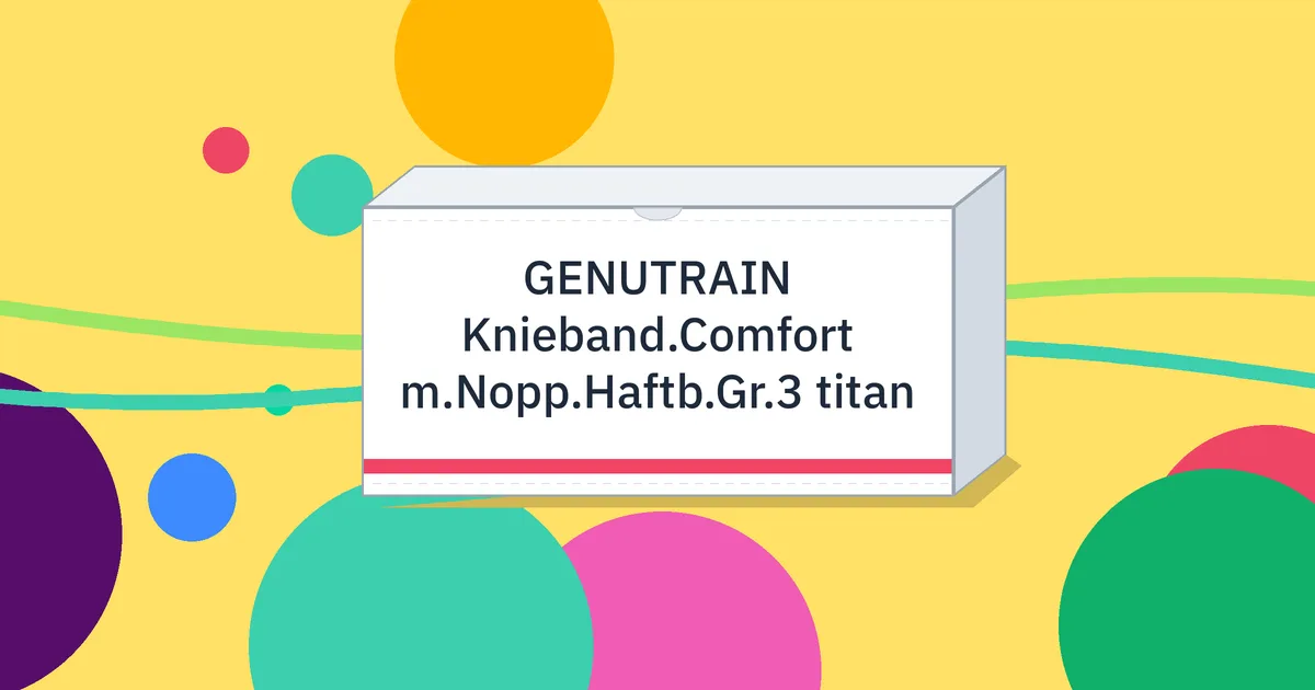 Symbolbild: Packung mit der Aufschrift GENUTRAIN Knieband.Comfort m.Nopp.Haftb.Gr.3 titan (PZN 20040119) – Verfügbarkeit und Bezug in Apotheken in Frankfurt am Main