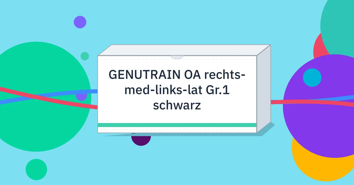Symbolbild: Packung mit der Aufschrift GENUTRAIN OA rechts-med-links-lat Gr.1 schwarz (PZN 16144008) – Verfügbarkeit und Bezug in Apotheken in Frankfurt am Main
