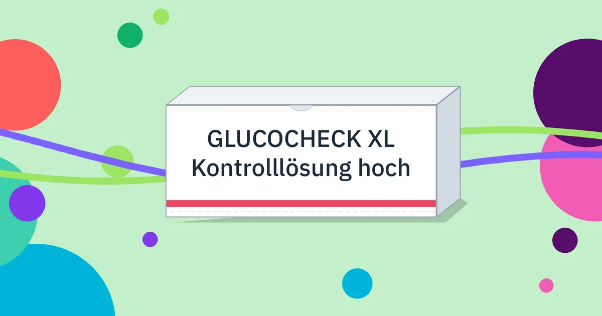 Symbolbild: Packung mit der Aufschrift GLUCOCHECK XL Kontrolllösung hoch (PZN 07543577) – Verfügbarkeit und Bezug in Apotheken in Frankfurt am Main