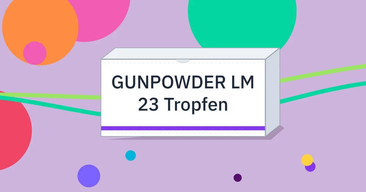Symbolbild: Packung mit der Aufschrift GUNPOWDER LM 23 Tropfen (PZN 15823753) – Verfügbarkeit und Bezug in Apotheken in Frankfurt am Main