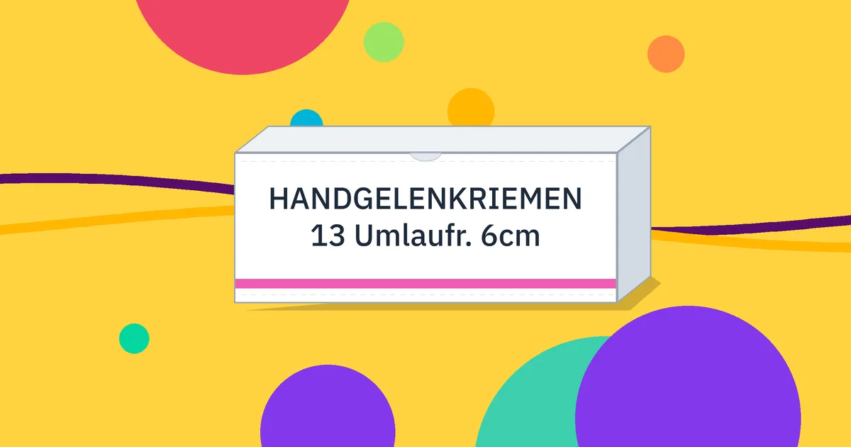 Symbolbild: Packung mit der Aufschrift HANDGELENKRIEMEN 13 Umlaufr. 6cm (PZN 01962617) – Verfügbarkeit und Bezug in Apotheken in Frankfurt am Main