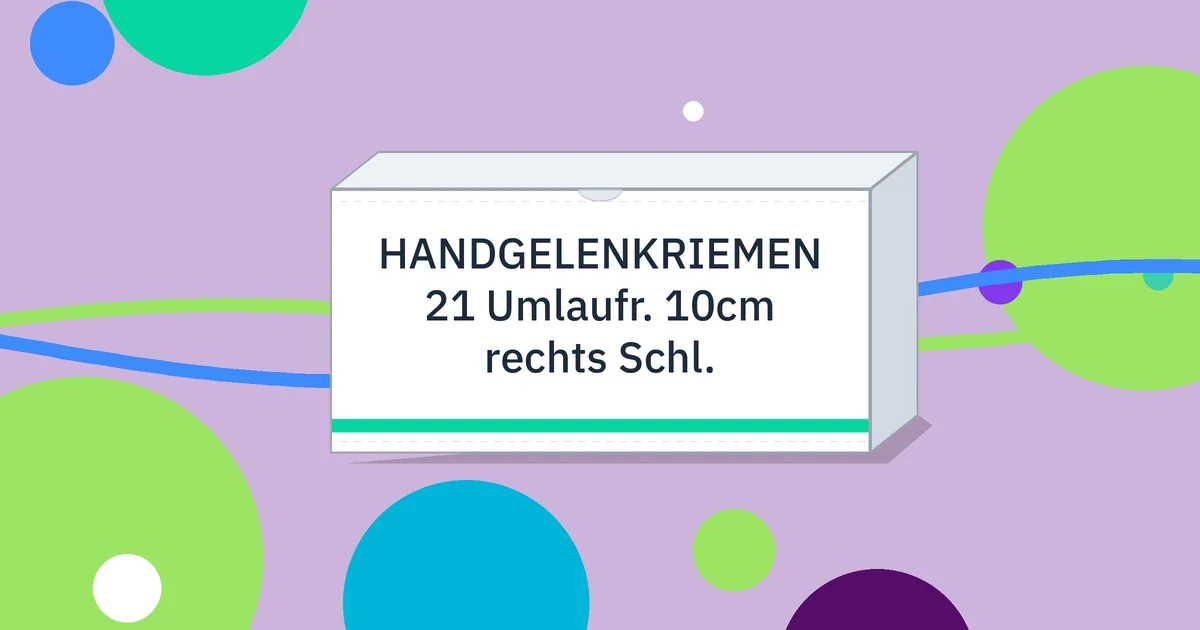 Symbolbild: Packung mit der Aufschrift HANDGELENKRIEMEN 21 Umlaufr. 10cm rechts Schl. (PZN 01963002) – Verfügbarkeit und Bezug in Apotheken in Frankfurt am Main