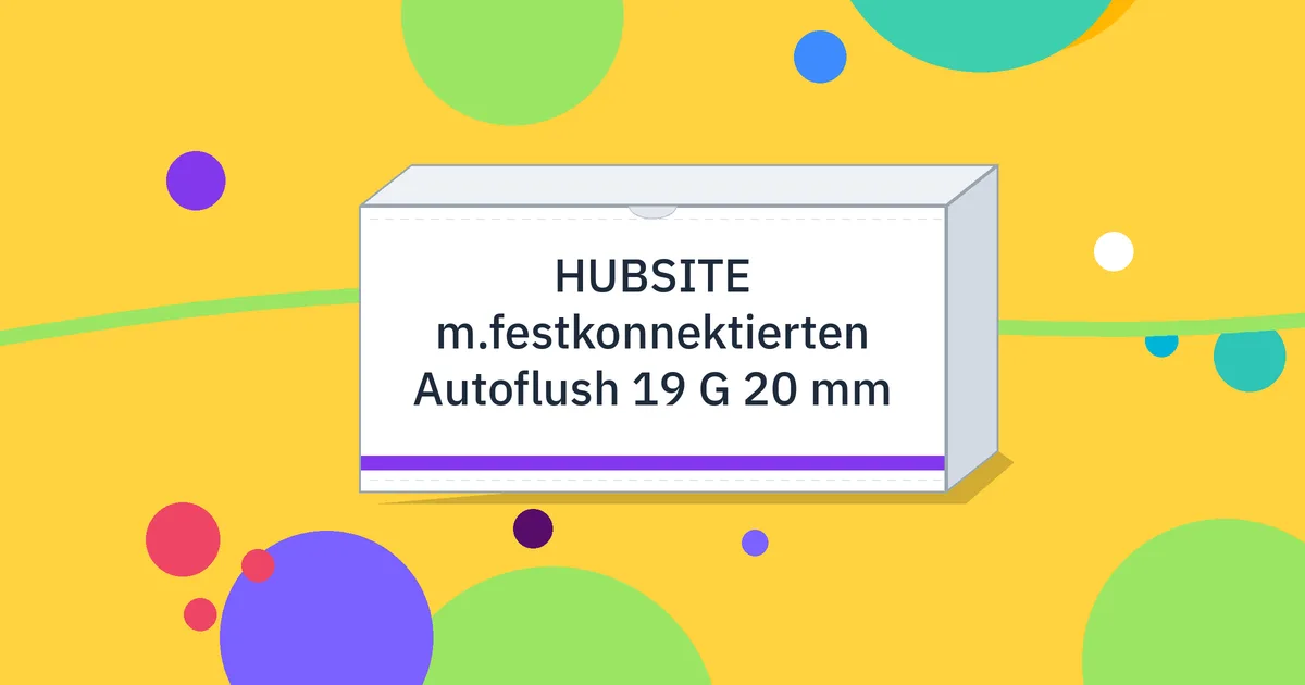 Symbolbild: Packung mit der Aufschrift HUBSITE m.festkonnektierten Autoflush 19 G 20 mm (PZN 02165691) – Verfügbarkeit und Bezug in Apotheken in Frankfurt am Main