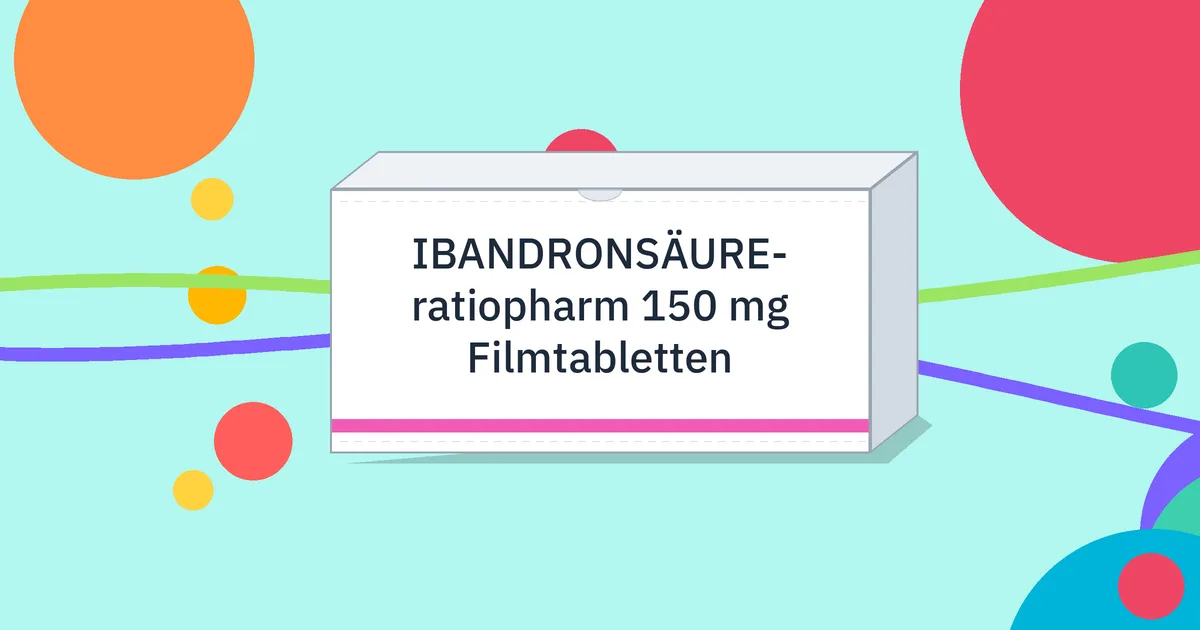 Symbolbild: Packung mit der Aufschrift IBANDRONSÄURE-ratiopharm 150 mg Filmtabletten (PZN 08440075) – Verfügbarkeit und Bezug in Apotheken in Frankfurt am Main