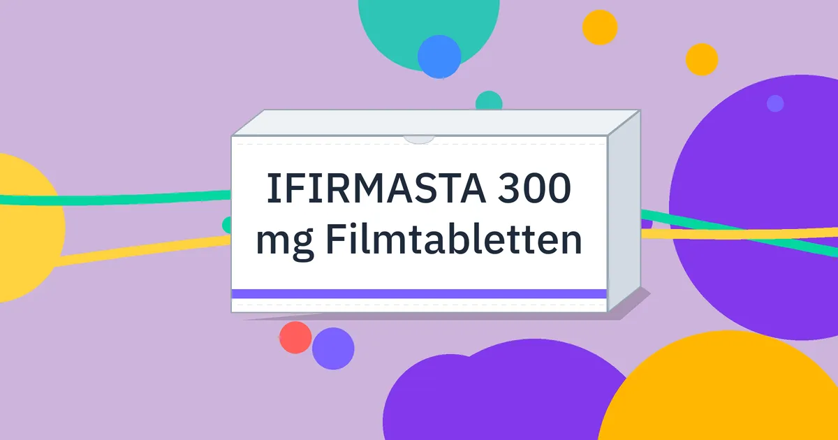 Symbolbild: Packung mit der Aufschrift IFIRMASTA 300 mg Filmtabletten (PZN 09726419) – Verfügbarkeit und Bezug in Apotheken in Frankfurt am Main