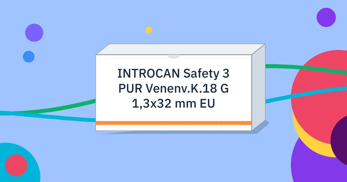 Symbolbild: Packung mit der Aufschrift INTROCAN Safety 3 PUR Venenv.K.18 G 1,3x32 mm EU (PZN 20345089) – Verfügbarkeit und Bezug in Apotheken in Frankfurt am Main