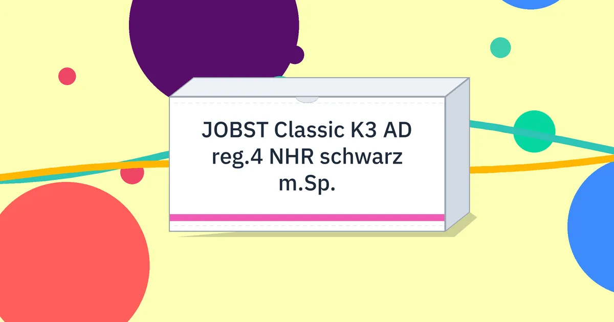 Symbolbild: Packung mit der Aufschrift JOBST Classic K3 AD reg.4 NHR schwarz m.Sp. (PZN 13070858) – Verfügbarkeit und Bezug in Apotheken in Frankfurt am Main