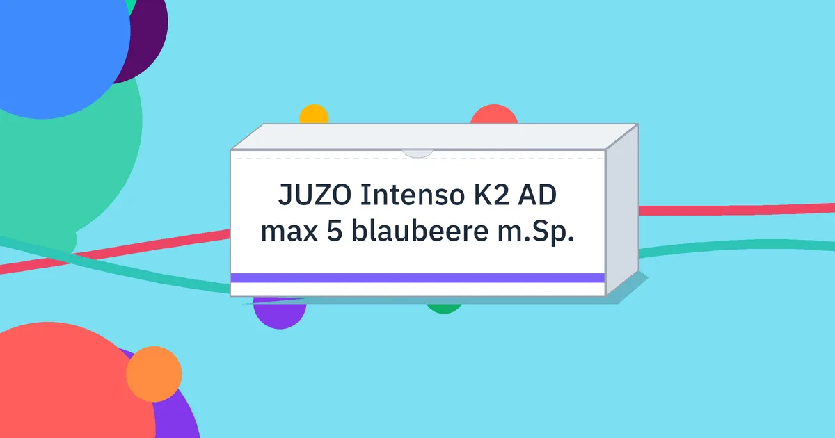 Symbolbild: Packung mit der Aufschrift JUZO Intenso K2 AD max 5 blaubeere m.Sp. (PZN 18609316) – Verfügbarkeit und Bezug in Apotheken in Frankfurt am Main