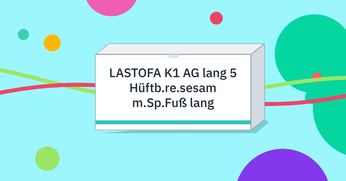 Symbolbild: Packung mit der Aufschrift LASTOFA K1 AG lang 5 Hüftb.re.sesam m.Sp.Fuß lang (PZN 13798850) – Verfügbarkeit und Bezug in Apotheken in Frankfurt am Main
