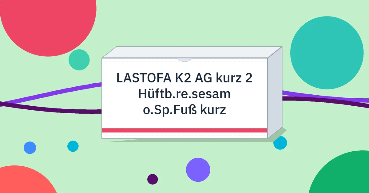 Symbolbild: Packung mit der Aufschrift LASTOFA K2 AG kurz 2 Hüftb.re.sesam o.Sp.Fuß kurz (PZN 13810999) – Verfügbarkeit und Bezug in Apotheken in Frankfurt am Main