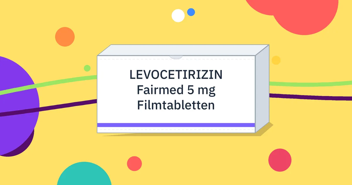 Symbolbild: Packung mit der Aufschrift LEVOCETIRIZIN Fairmed 5 mg Filmtabletten (PZN 16580784) – Verfügbarkeit und Bezug in Apotheken in Frankfurt am Main