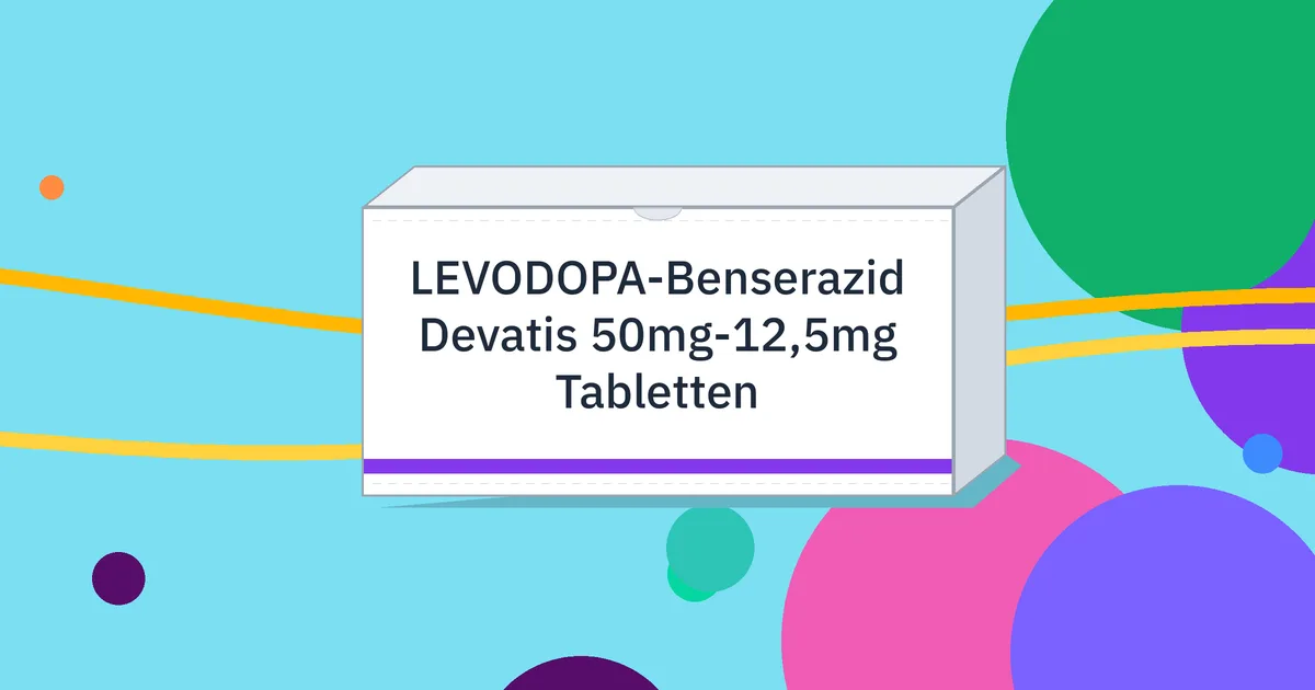 Symbolbild: Packung mit der Aufschrift LEVODOPA-Benserazid Devatis 50mg-12,5mg Tabletten (PZN 16856795) – Verfügbarkeit und Bezug in Apotheken in Frankfurt am Main
