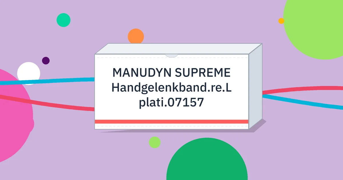 Symbolbild: Packung mit der Aufschrift MANUDYN SUPREME Handgelenkband.re.L plati.07157 (PZN 16881729) – Verfügbarkeit und Bezug in Apotheken in Frankfurt am Main