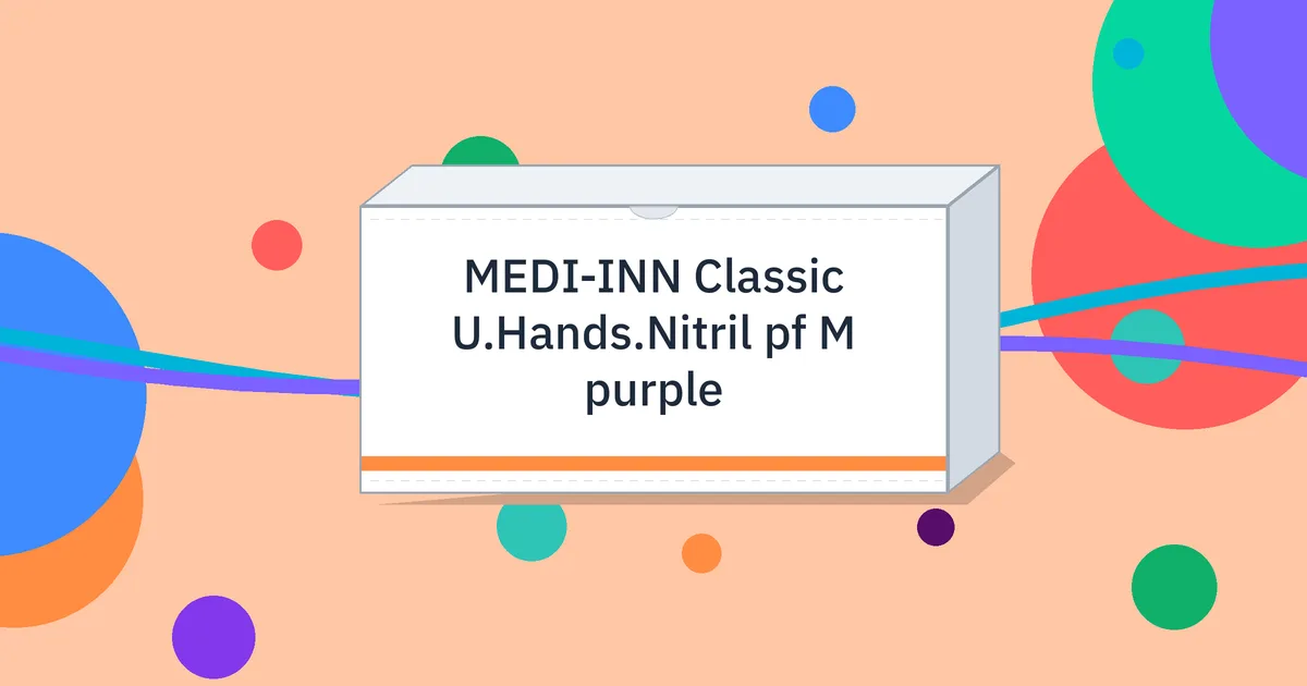 Symbolbild: Packung mit der Aufschrift MEDI-INN Classic U.Hands.Nitril pf M purple (PZN 18444890) – Verfügbarkeit und Bezug in Apotheken in Frankfurt am Main