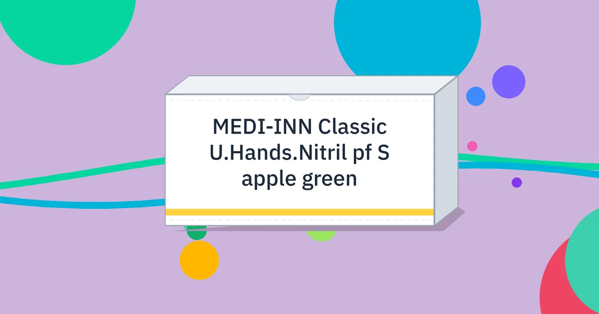 Symbolbild: Packung mit der Aufschrift MEDI-INN Classic U.Hands.Nitril pf S apple green (PZN 18445211) – Verfügbarkeit und Bezug in Apotheken in Frankfurt am Main