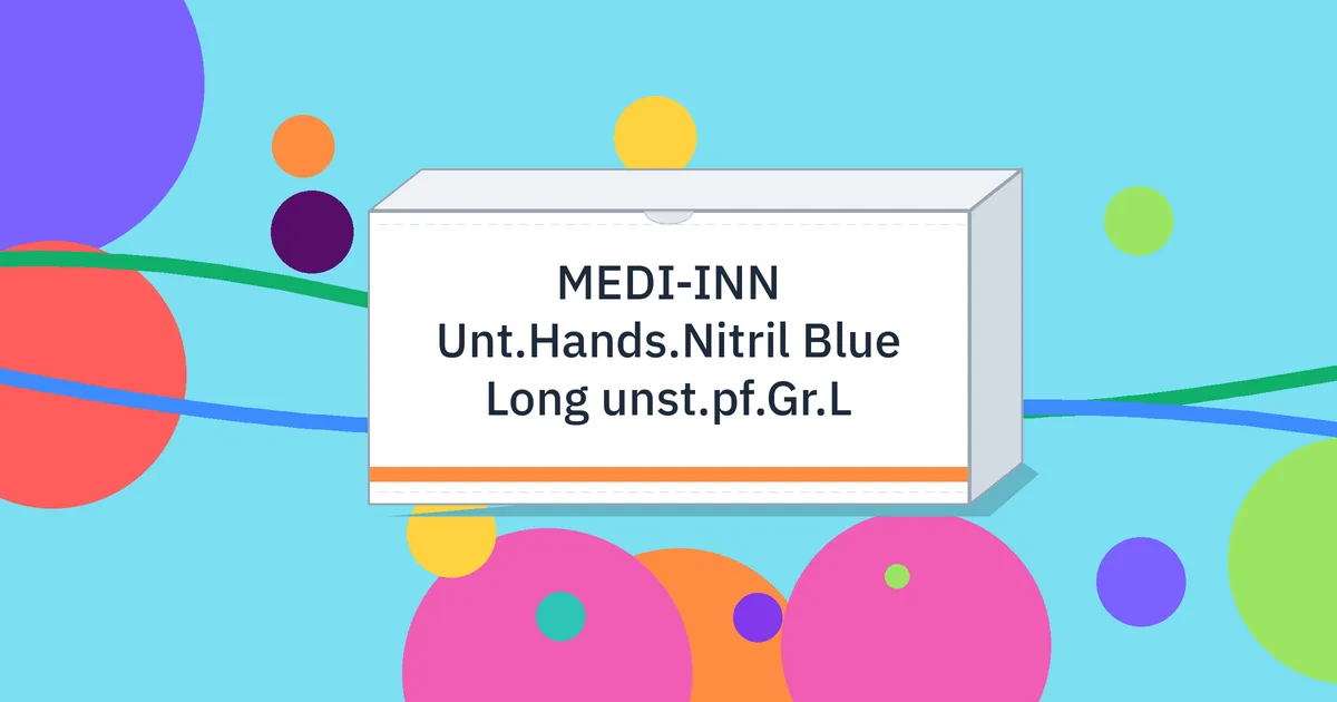 Symbolbild: Packung mit der Aufschrift MEDI-INN Unt.Hands.Nitril Blue Long unst.pf.Gr.L (PZN 10535274) – Verfügbarkeit und Bezug in Apotheken in Frankfurt am Main