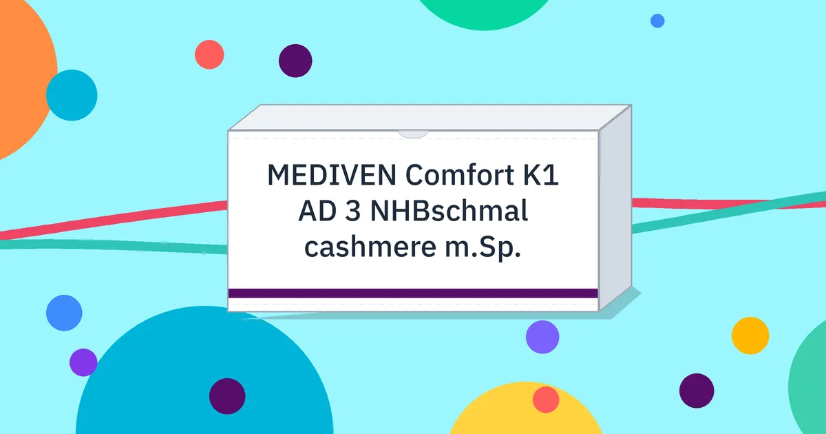 Symbolbild: Packung mit der Aufschrift MEDIVEN Comfort K1 AD 3 NHBschmal cashmere m.Sp. (PZN 14659582) – Verfügbarkeit und Bezug in Apotheken in Frankfurt am Main