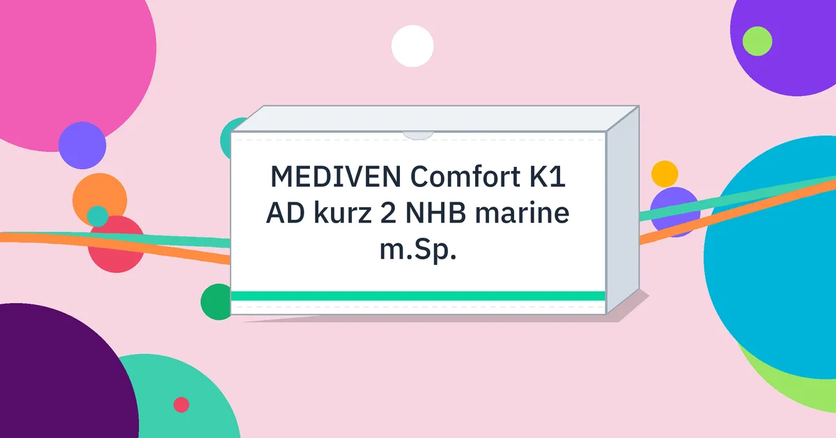 Symbolbild: Packung mit der Aufschrift MEDIVEN Comfort K1 AD kurz 2 NHB marine m.Sp. (PZN 14557114) – Verfügbarkeit und Bezug in Apotheken in Frankfurt am Main