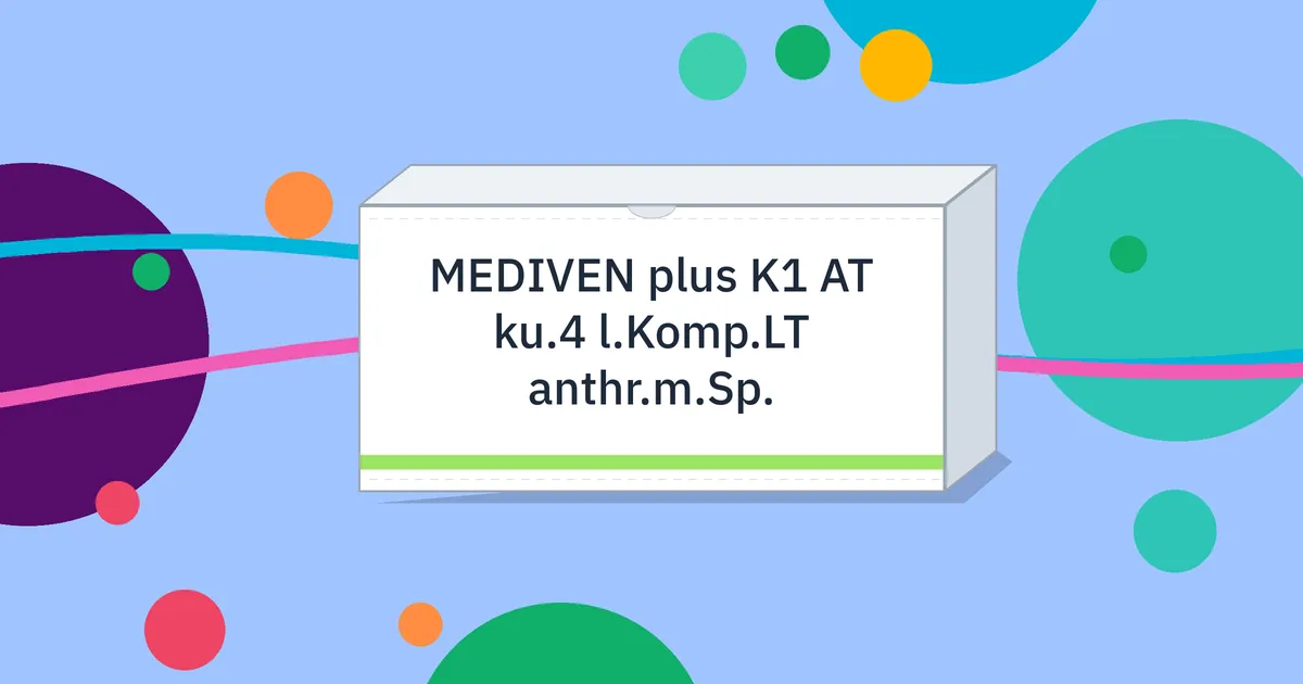 Symbolbild: Packung mit der Aufschrift MEDIVEN plus K1 AT ku.4 l.Komp.LT anthr.m.Sp. (PZN 15028866) – Verfügbarkeit und Bezug in Apotheken in Frankfurt am Main
