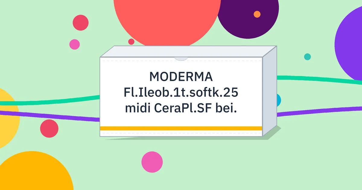 Symbolbild: Packung mit der Aufschrift MODERMA Fl.Ileob.1t.softk.25 midi CeraPl.SF bei. (PZN 18109105) – Verfügbarkeit und Bezug in Apotheken in Frankfurt am Main