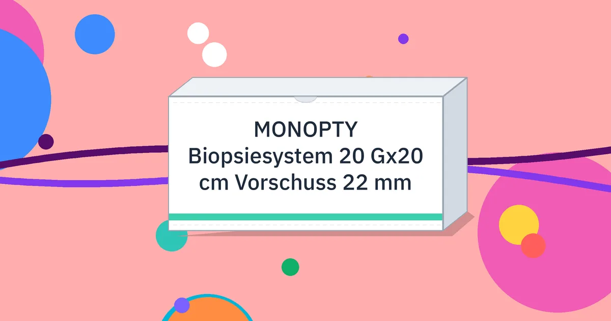 Symbolbild: Packung mit der Aufschrift MONOPTY Biopsiesystem 20 Gx20 cm Vorschuss 22 mm (PZN 03470657) – Verfügbarkeit und Bezug in Apotheken in Frankfurt am Main