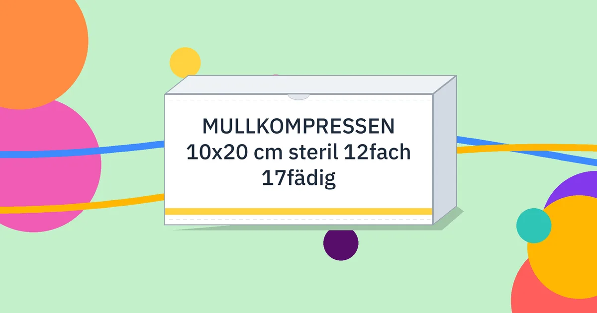 Symbolbild: Packung mit der Aufschrift MULLKOMPRESSEN 10x20 cm steril 12fach 17fädig (PZN 04643172) – Verfügbarkeit und Bezug in Apotheken in Frankfurt am Main