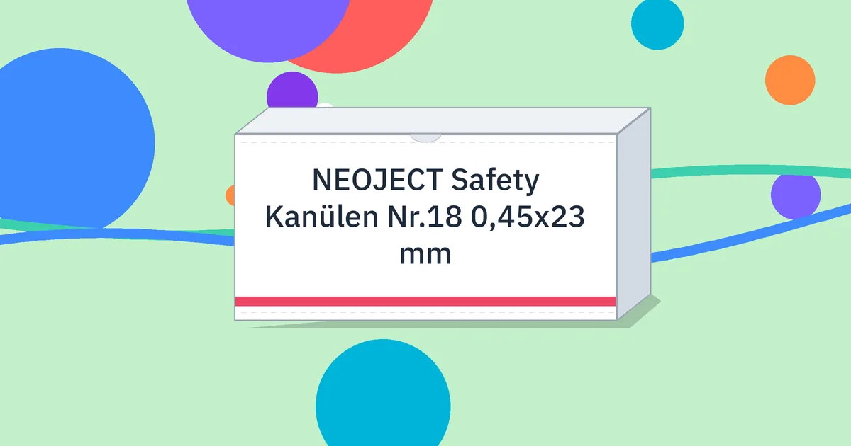 Symbolbild: Packung mit der Aufschrift NEOJECT Safety Kanülen Nr.18 0,45x23 mm (PZN 08911586) – Verfügbarkeit und Bezug in Apotheken in Frankfurt am Main