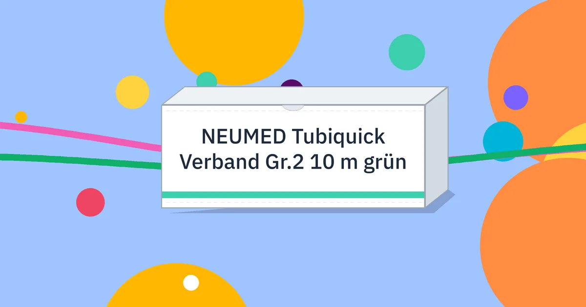 Symbolbild: Packung mit der Aufschrift NEUMED Tubiquick Verband Gr.2 10 m grün (PZN 04291856) – Verfügbarkeit und Bezug in Apotheken in Frankfurt am Main