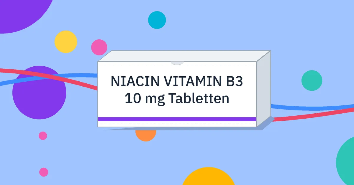Symbolbild: Packung mit der Aufschrift NIACIN VITAMIN B3 10 mg Tabletten (PZN 19302413) – Verfügbarkeit und Bezug in Apotheken in Frankfurt am Main