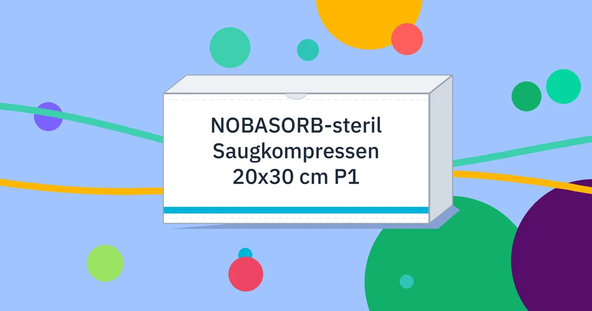 Symbolbild: Packung mit der Aufschrift NOBASORB-steril Saugkompressen 20x30 cm P1 (PZN 13981703) – Verfügbarkeit und Bezug in Apotheken in Frankfurt am Main