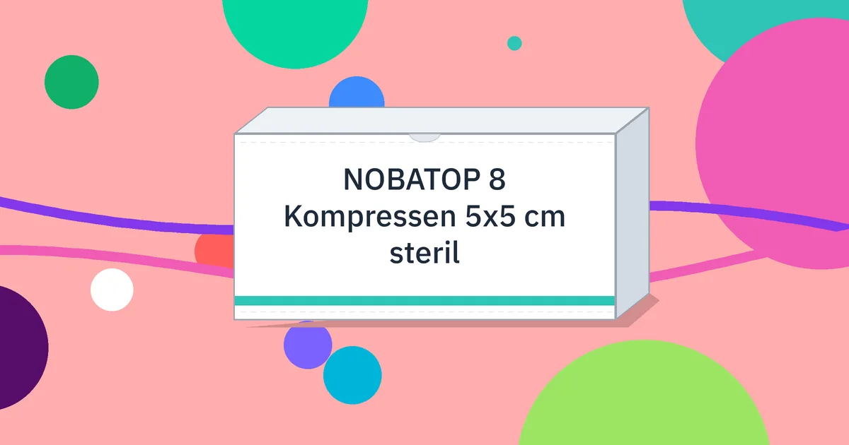Symbolbild: Packung mit der Aufschrift NOBATOP 8 Kompressen 5x5 cm steril (PZN 15205883) – Verfügbarkeit und Bezug in Apotheken in Frankfurt am Main