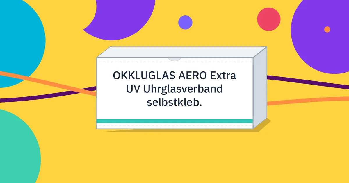 Symbolbild: Packung mit der Aufschrift OKKLUGLAS AERO Extra UV Uhrglasverband selbstkleb. (PZN 17203374) – Verfügbarkeit und Bezug in Apotheken in Frankfurt am Main