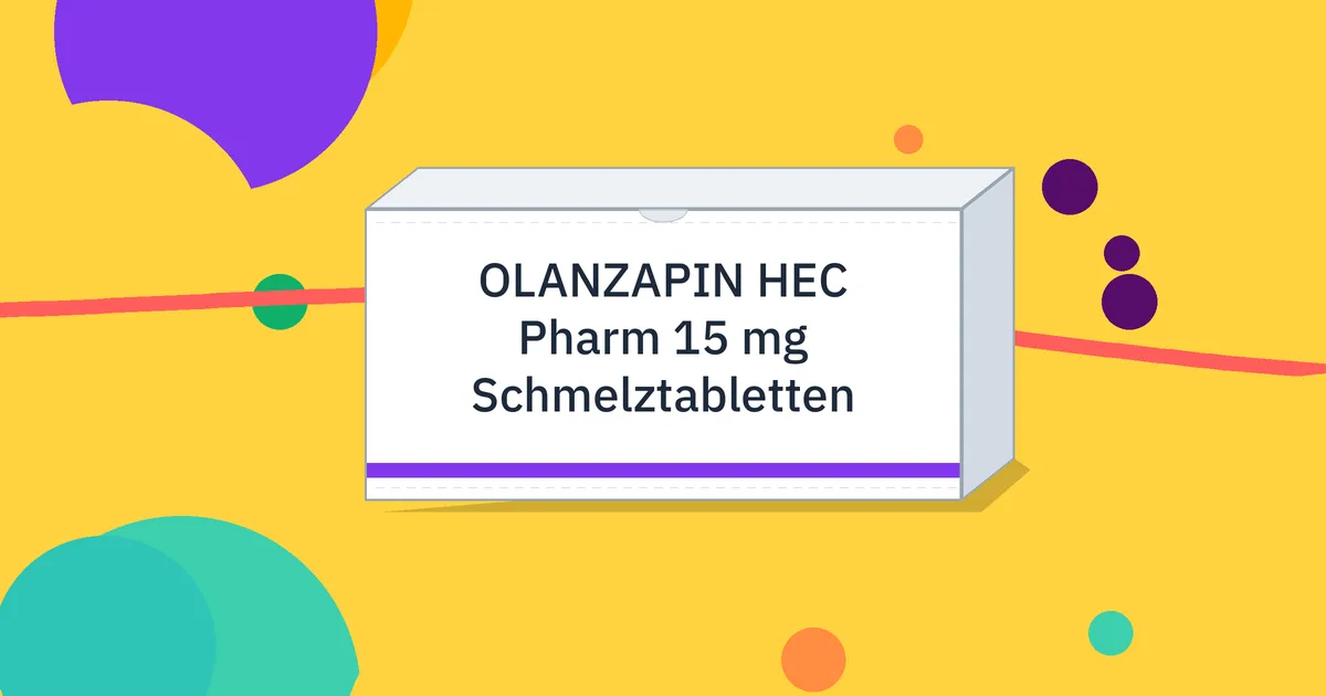 Symbolbild: Packung mit der Aufschrift OLANZAPIN HEC Pharm 15 mg Schmelztabletten (PZN 11882871) – Verfügbarkeit und Bezug in Apotheken in Frankfurt am Main