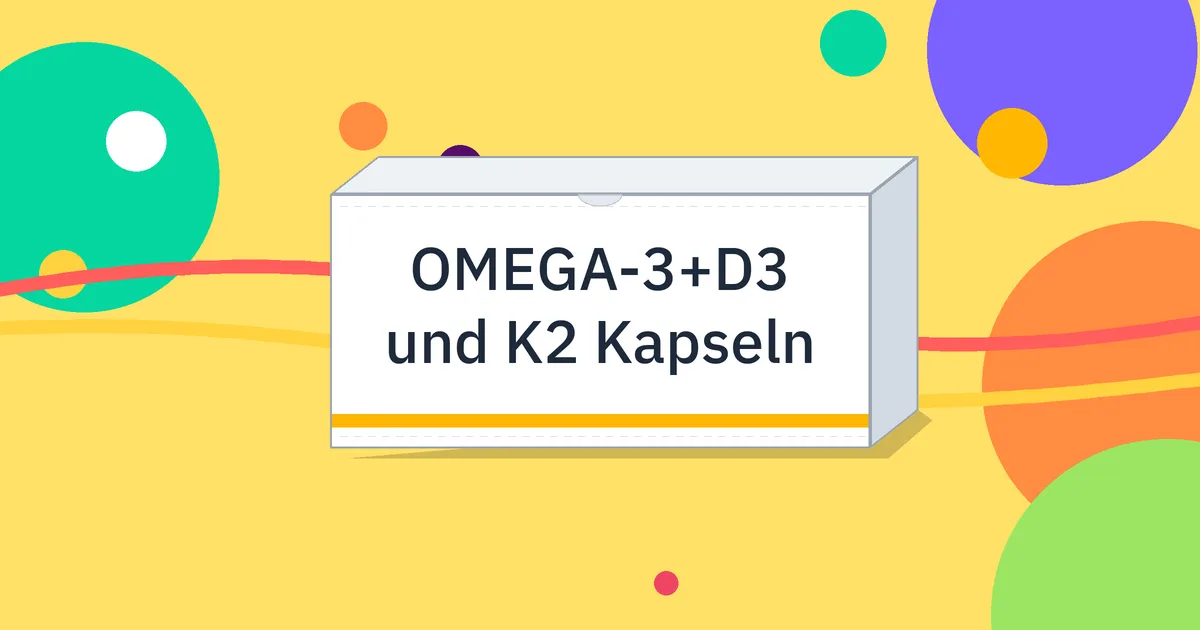Symbolbild: Packung mit der Aufschrift OMEGA-3+D3 und K2 Kapseln (PZN 17560619) – Verfügbarkeit und Bezug in Apotheken in Frankfurt am Main