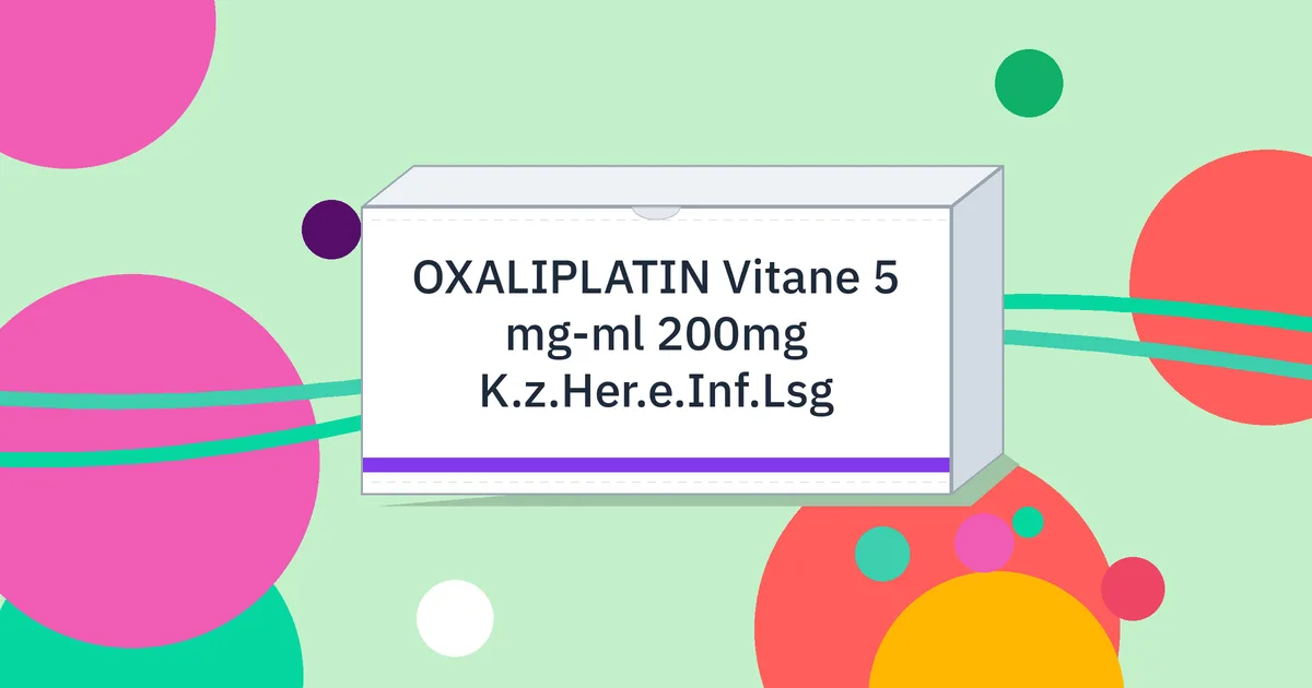 Symbolbild: Packung mit der Aufschrift OXALIPLATIN Vitane 5 mg-ml 200mg K.z.Her.e.Inf.Lsg (PZN 11384475) – Verfügbarkeit und Bezug in Apotheken in Frankfurt am Main