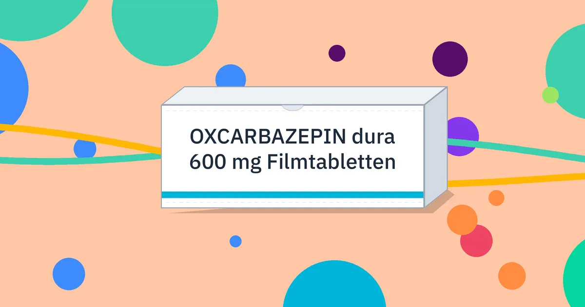 Symbolbild: Packung mit der Aufschrift OXCARBAZEPIN dura 600 mg Filmtabletten (PZN 05048359) – Verfügbarkeit und Bezug in Apotheken in Frankfurt am Main