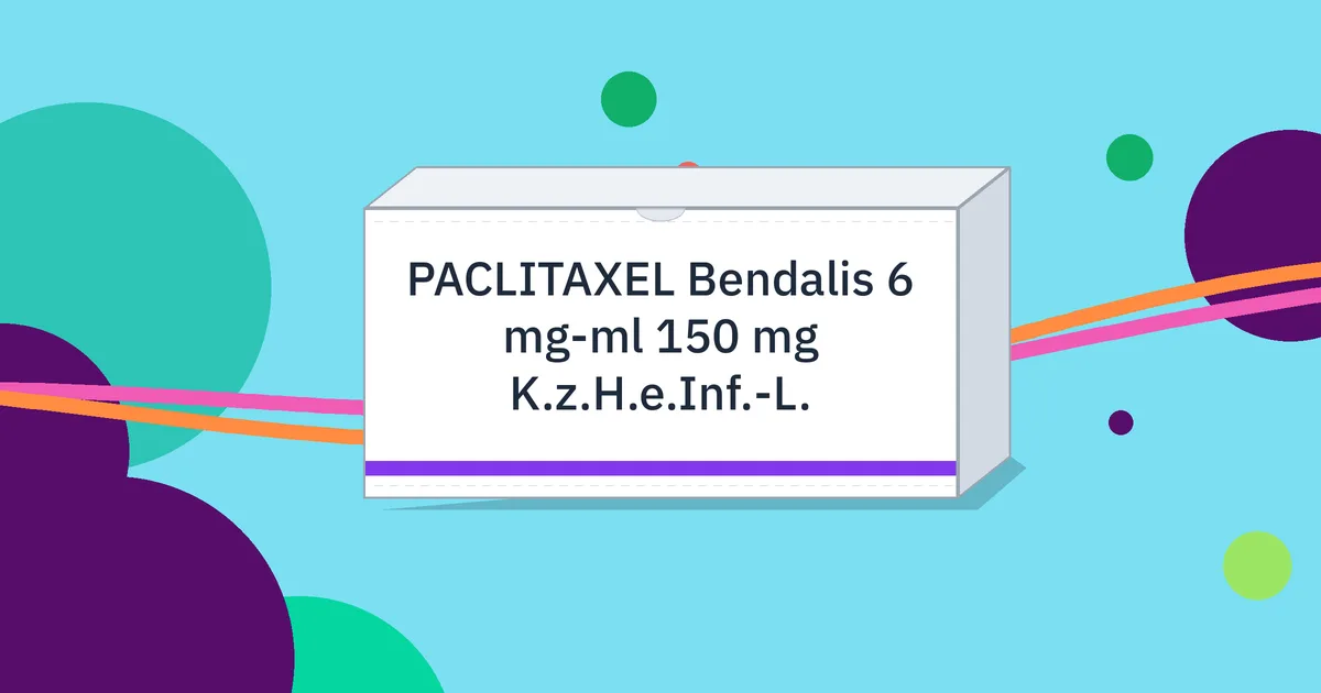 Symbolbild: Packung mit der Aufschrift PACLITAXEL Bendalis 6 mg-ml 150 mg K.z.H.e.Inf.-L. (PZN 16350305) – Verfügbarkeit und Bezug in Apotheken in Frankfurt am Main