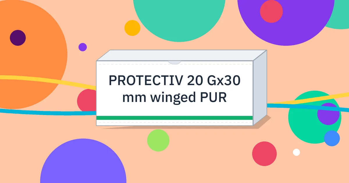 Symbolbild: Packung mit der Aufschrift PROTECTIV 20 Gx30 mm winged PUR (PZN 09104586) – Verfügbarkeit und Bezug in Apotheken in Frankfurt am Main
