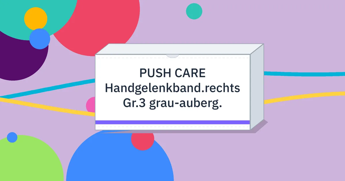Symbolbild: Packung mit der Aufschrift PUSH CARE Handgelenkband.rechts Gr.3 grau-auberg. (PZN 04860604) – Verfügbarkeit und Bezug in Apotheken in Frankfurt am Main