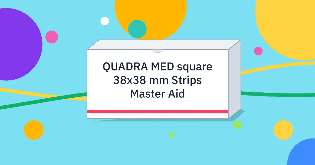 Symbolbild: Packung mit der Aufschrift QUADRA MED square 38x38 mm Strips Master Aid (PZN 02506620) – Verfügbarkeit und Bezug in Apotheken in Frankfurt am Main
