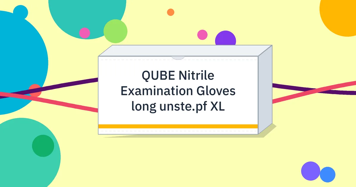 Symbolbild: Packung mit der Aufschrift QUBE Nitrile Examination Gloves long unste.pf XL (PZN 18797223) – Verfügbarkeit und Bezug in Apotheken in Frankfurt am Main
